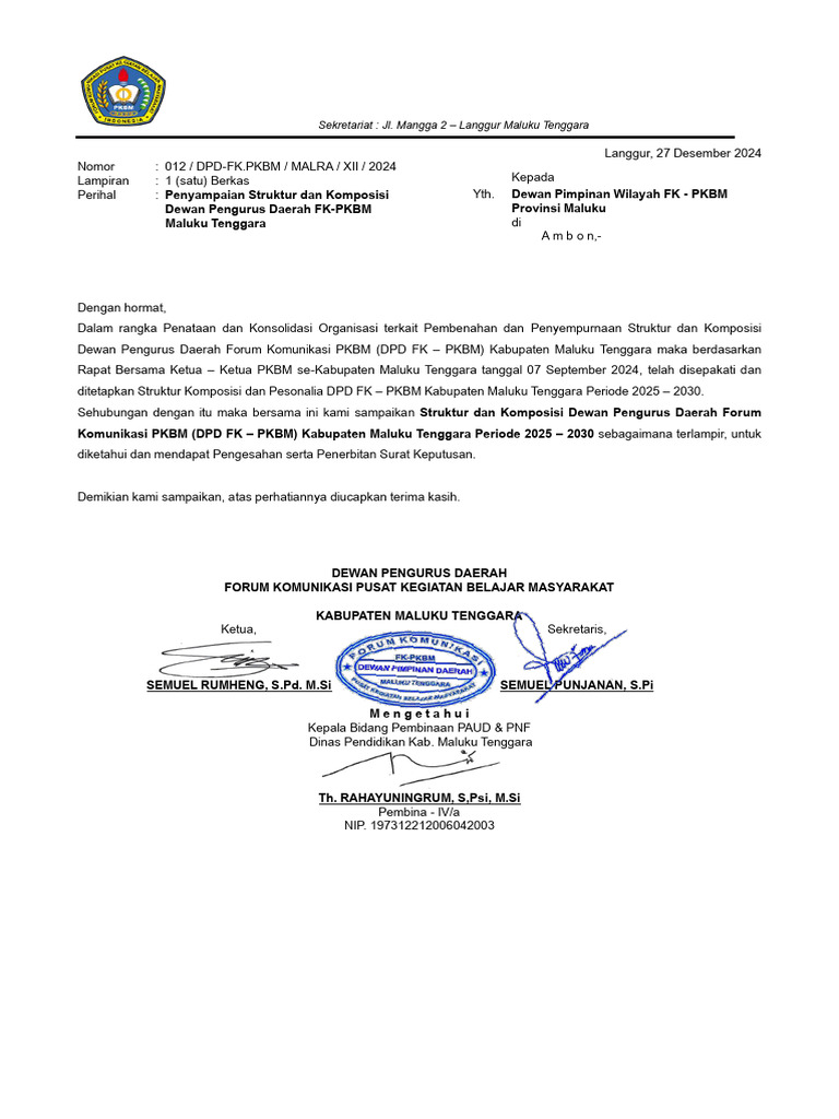 Struktur DPD FK-PKBM Maluku Tenggara 2025-2030 | PDF