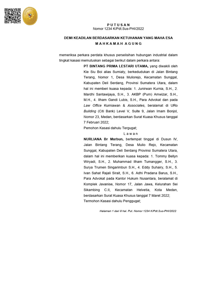 Putusan Kasasi PHI Nomor 1234/2022 | PDF