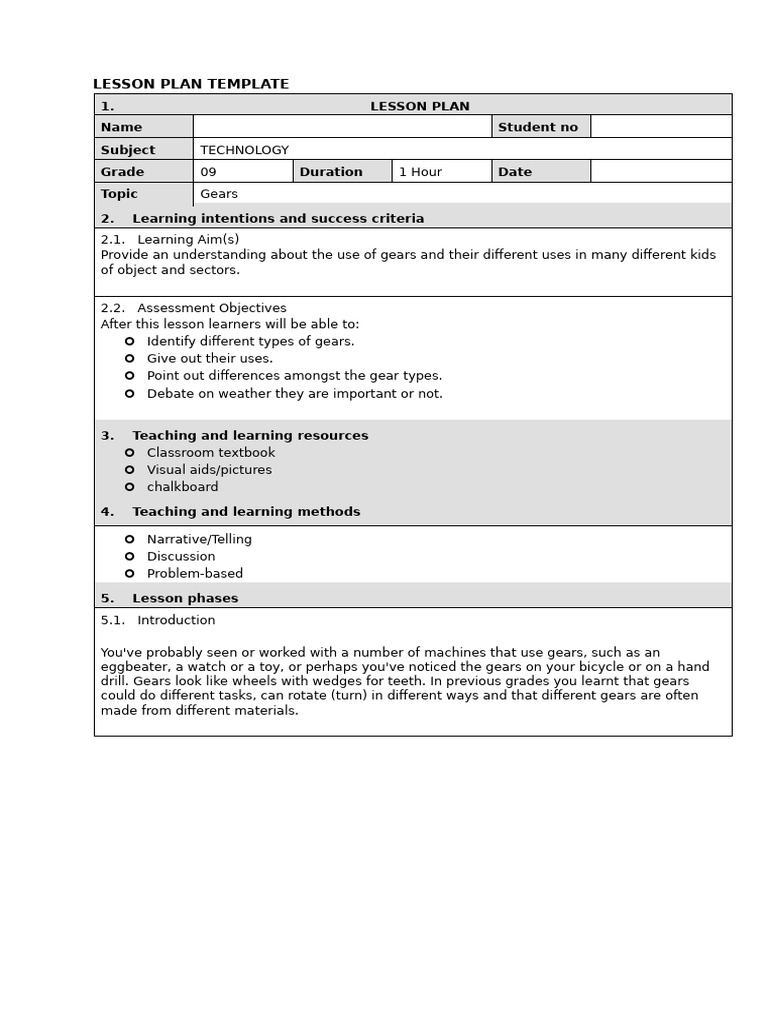 Gears Lesson Plan for Grade 9 | PDF | Gear | Mechanical Engineering