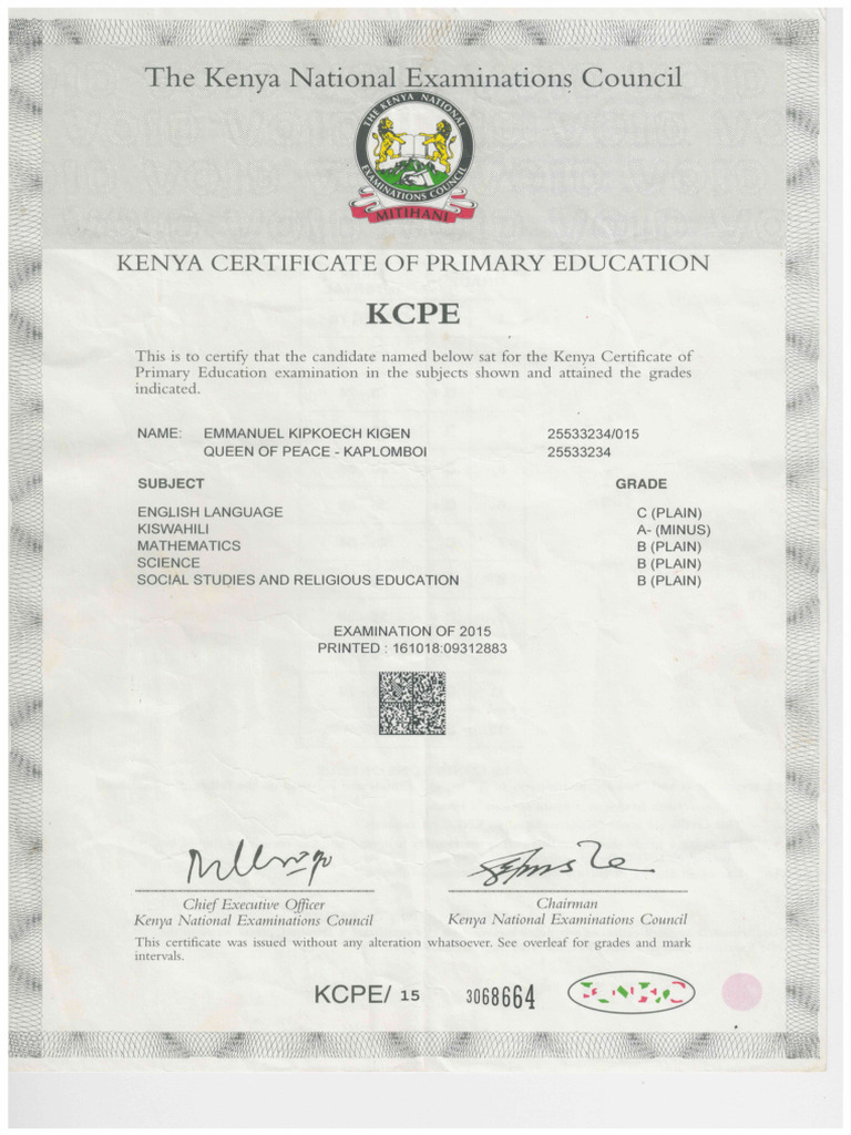 Kipkoech Kigen-Kcpe Certificate | PDF