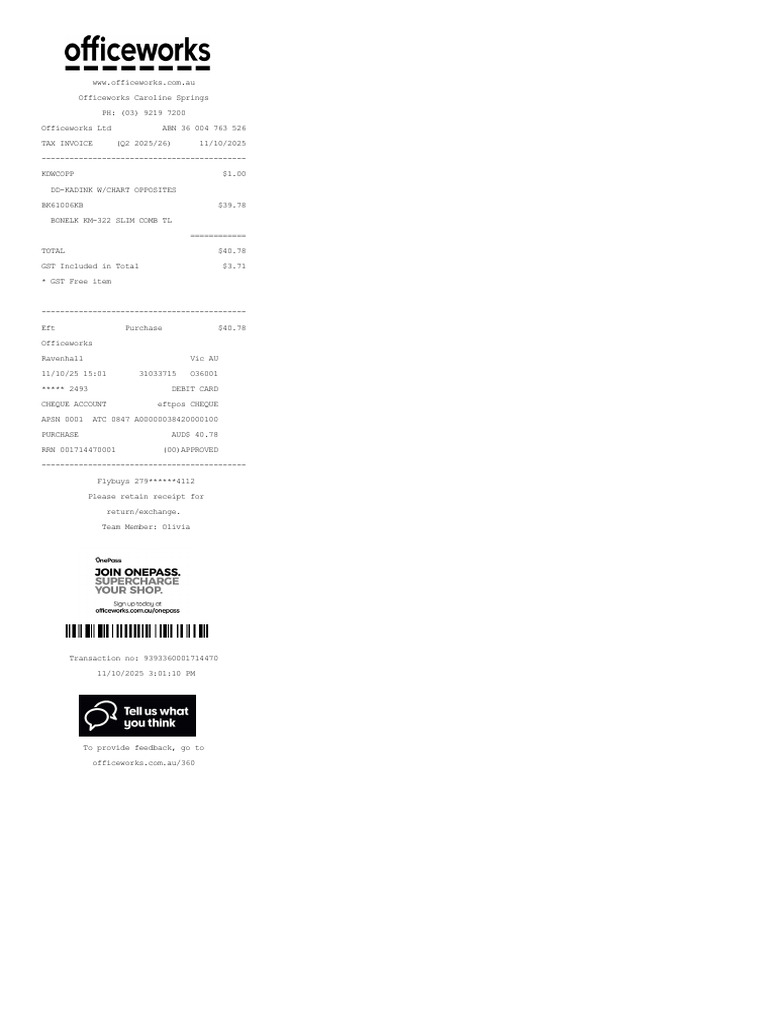 Officeworks Tax Invoice Q2 2025/26 | PDF