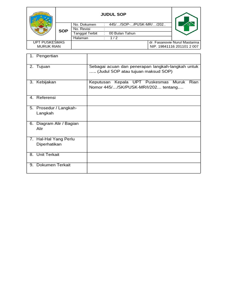 SOP Puskesmas Muruk Rian 2023 | PDF