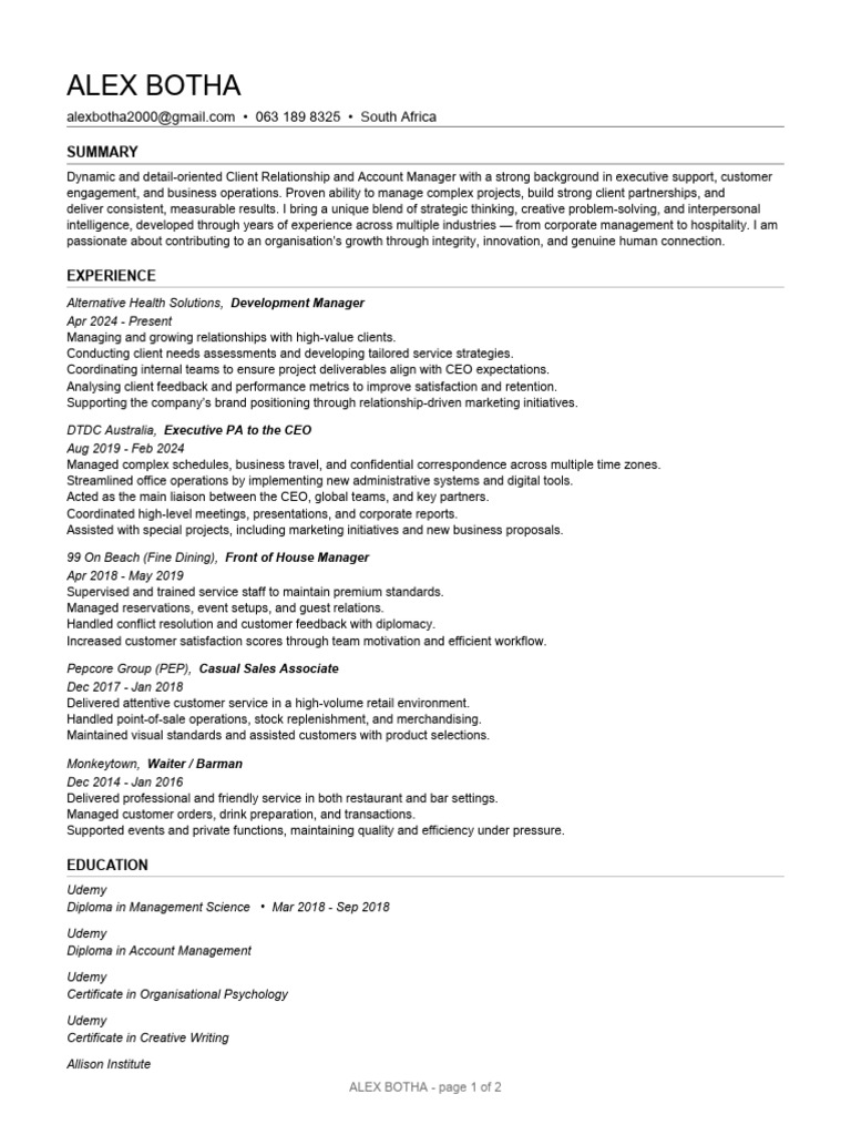 Resume Alex Botha Neo Group | PDF | Customer Relationship Management | Marketing