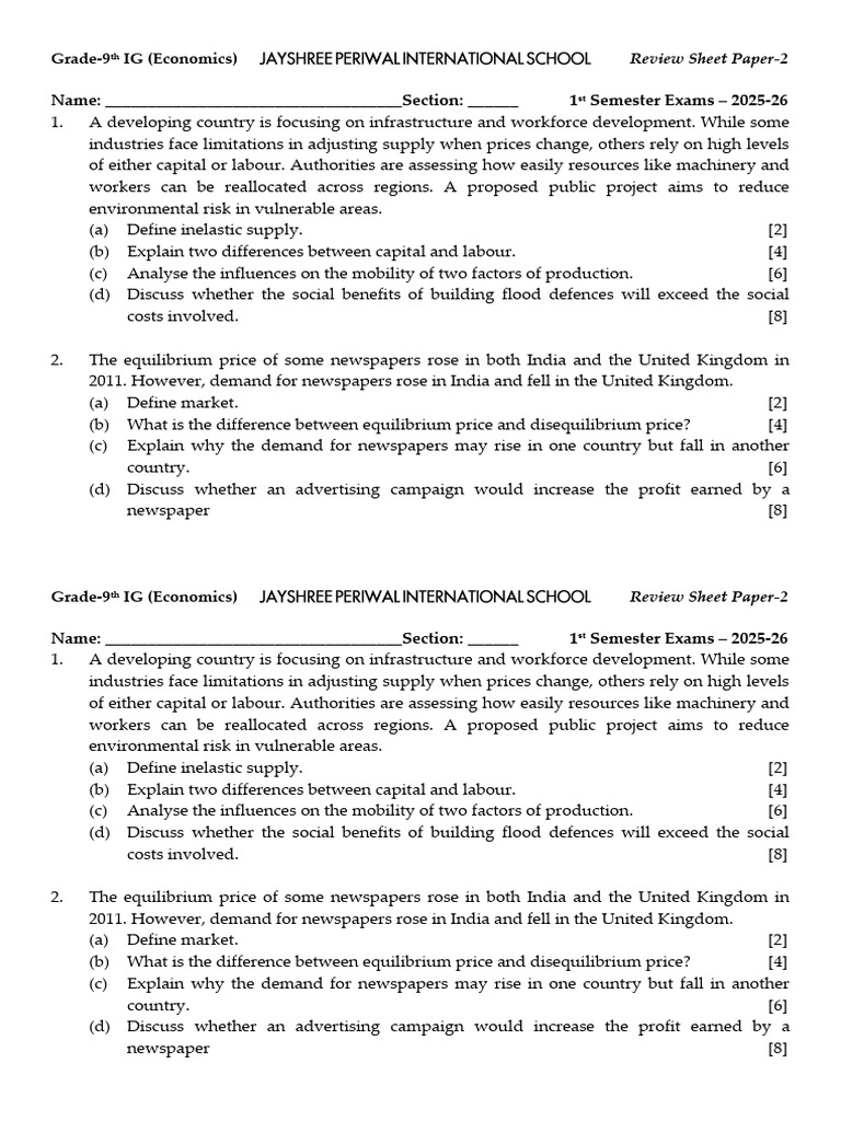 Grade 9 Economics Review Sheet 2025-26 | PDF | Supply (Economics ...