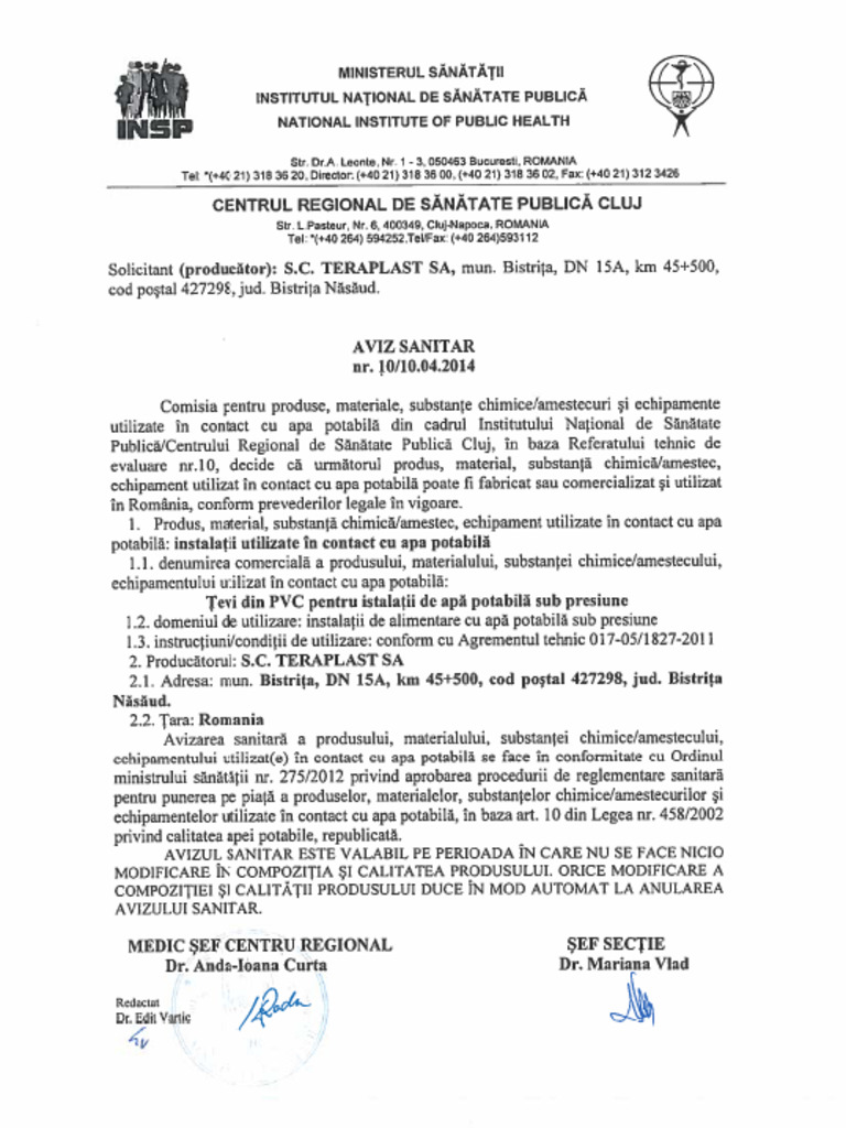 Aviz Sanitar Tevi PVC Presiune | PDF