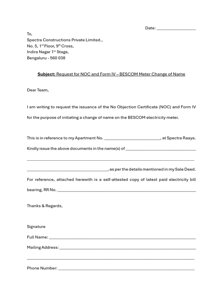 Request For NOC & Form IV - BESCOM Meter Change of Name | PDF