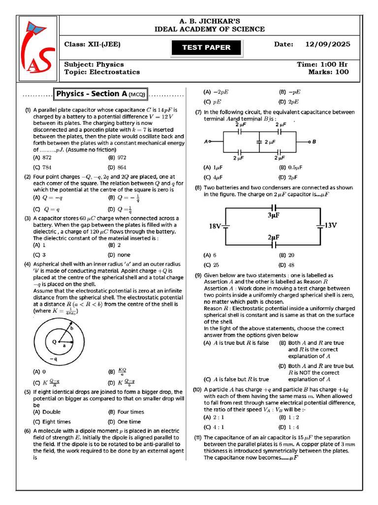 31 Physics - (12th-JEE) Electrostatics (Full Syllabus) - Test - (12.09. ...