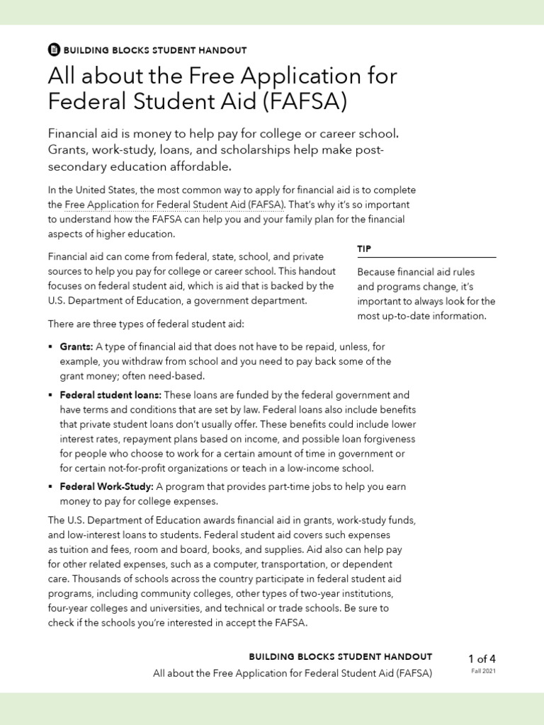 CFPB Building Block Activities All-About-FAFSA Handout | PDF | Student ...