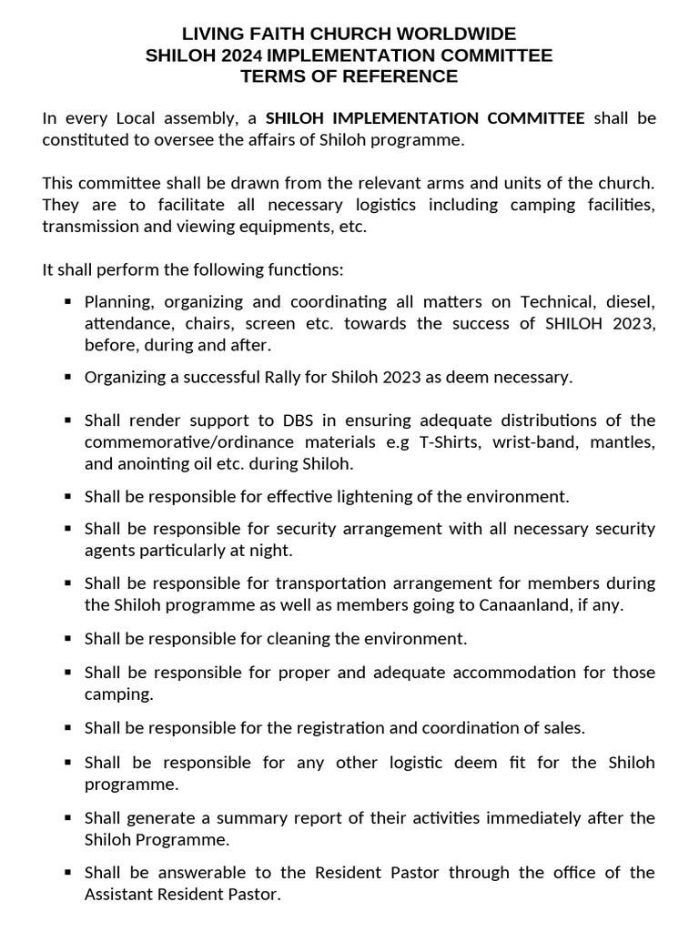 Updated Shiloh Implementation Committee Terms of Reference | PDF