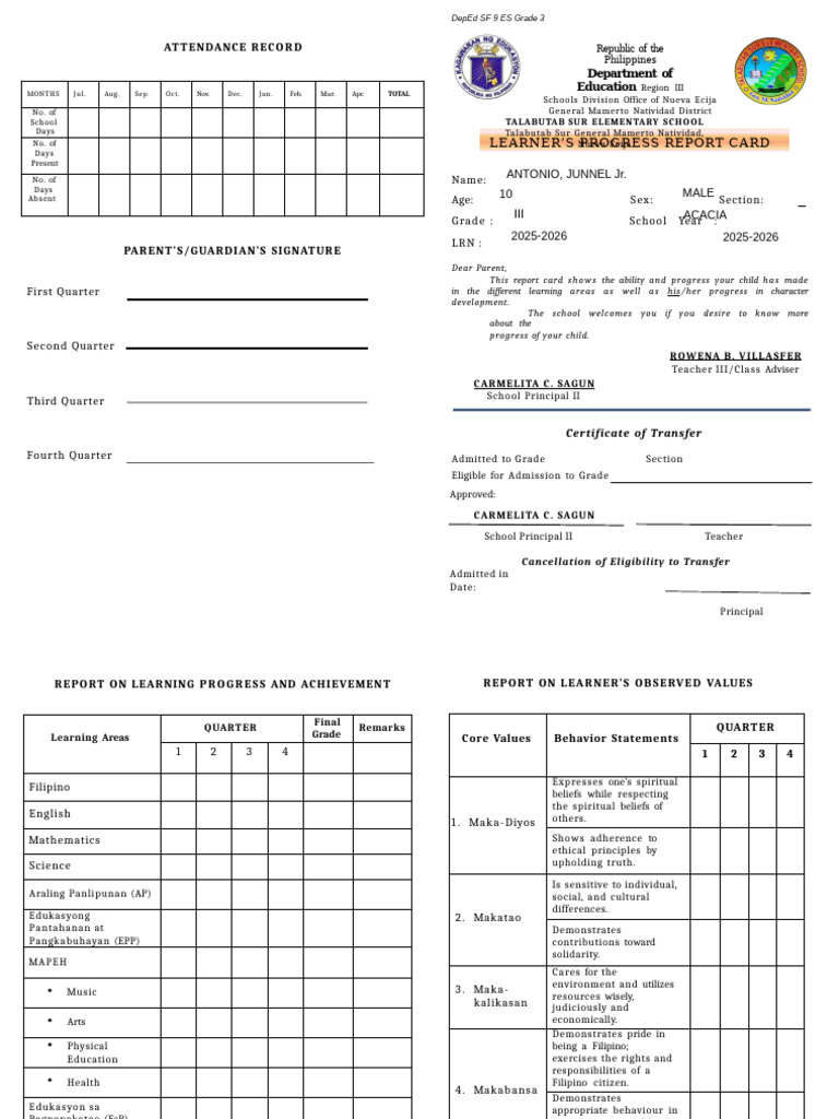Grade 3 Learner's Progress Report | PDF