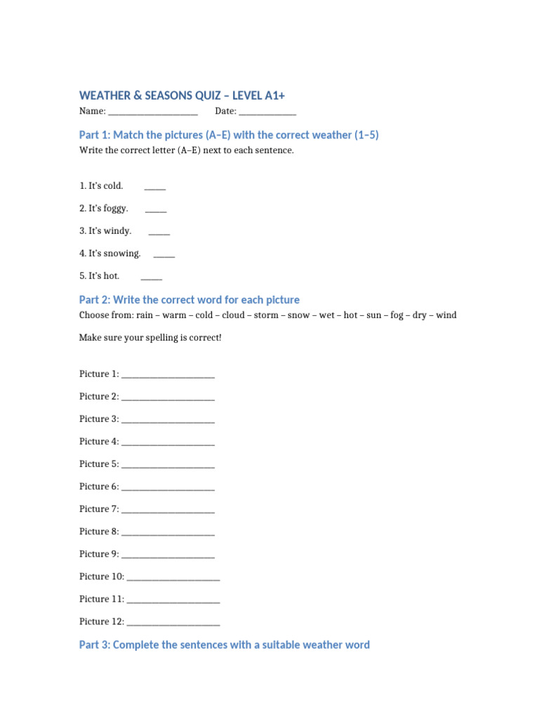 A1+ Weather and Seasons Quiz | PDF