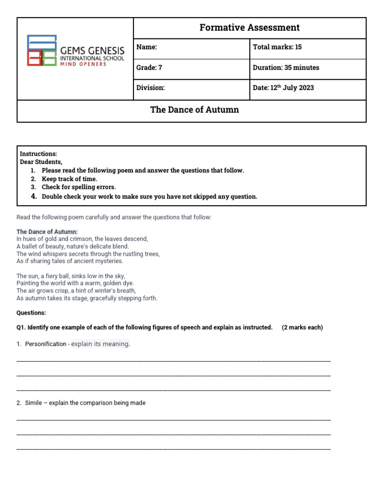 Grade 7 Formative Assessment: Poetry Analysis | PDF