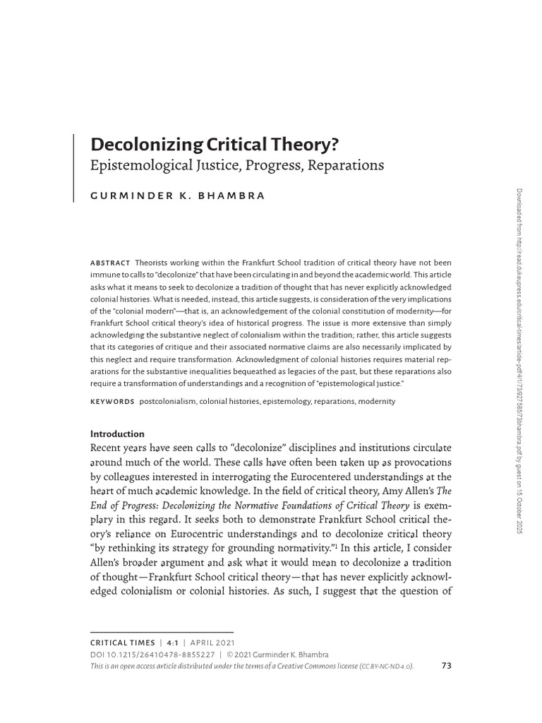 Bhambra, GK “Decolonizing critical theory Epistemological Justice ...
