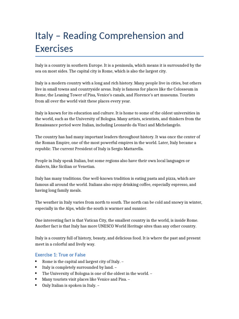 Italy Reading Comprehension | PDF | Italy | Rome