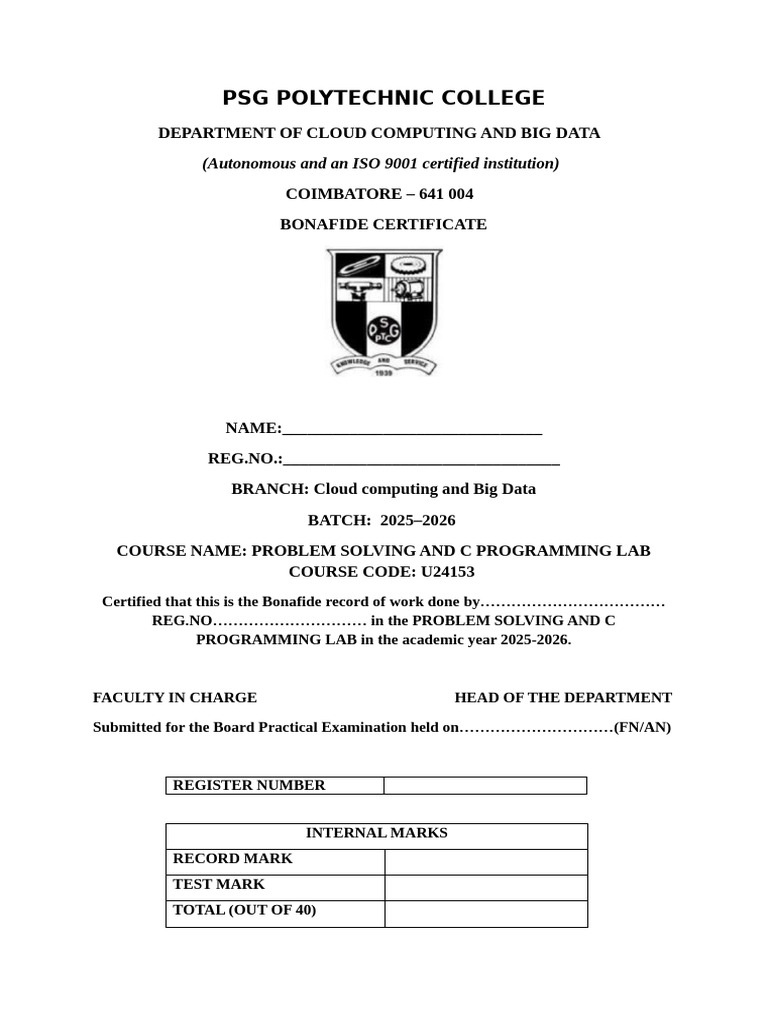 Bonafide Certificate for C Programming Lab | PDF