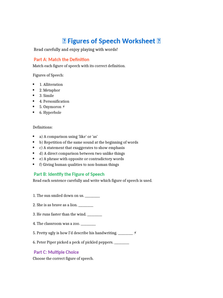 Figures of Speech Worksheet Guide | PDF
