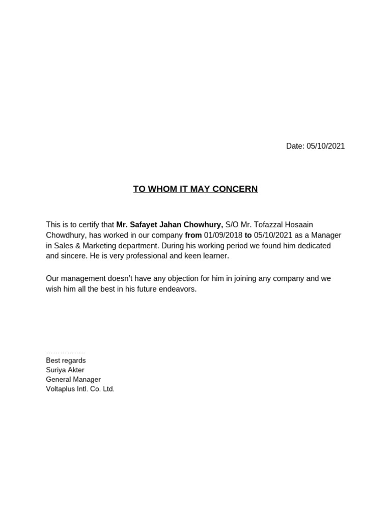 Work Experience Certificate for Safayet Jahan | PDF
