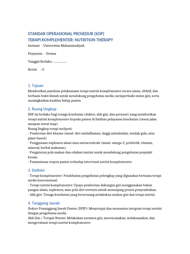 SOP Terapi Nutrisi Komplementer | PDF