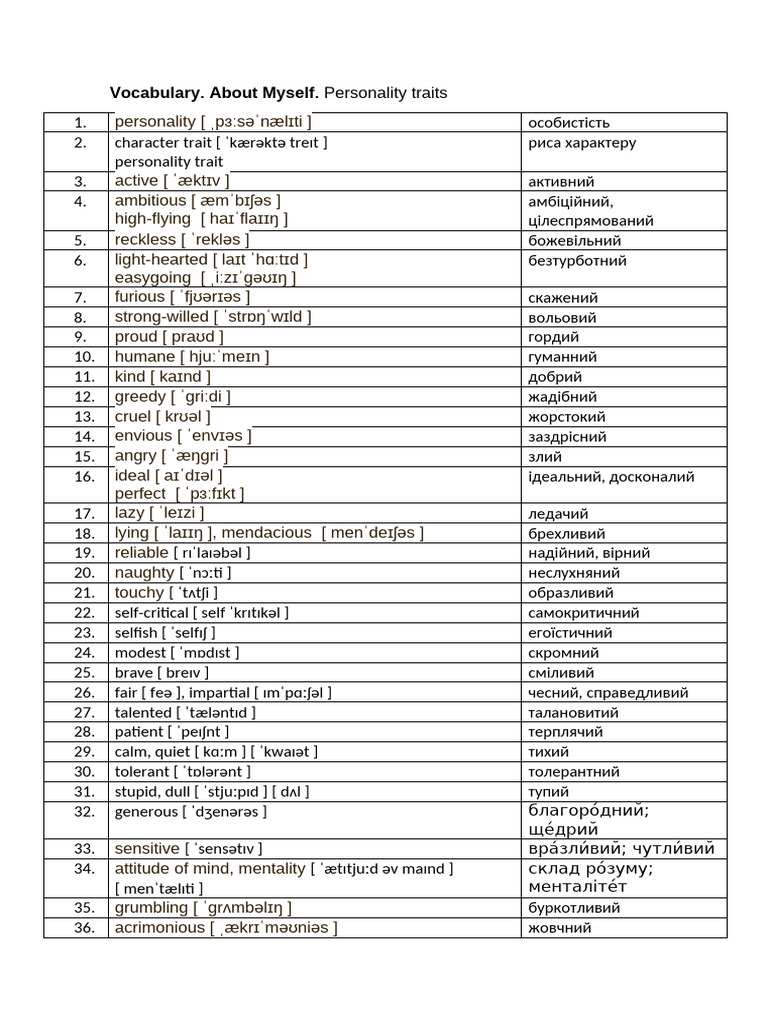 Vocabulary. About Myself.: Personality Traits | PDF