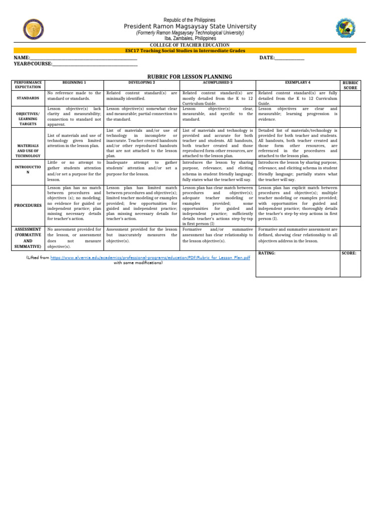 Lesson Planning Rubric for Teachers | PDF | Teachers | Lesson Plan