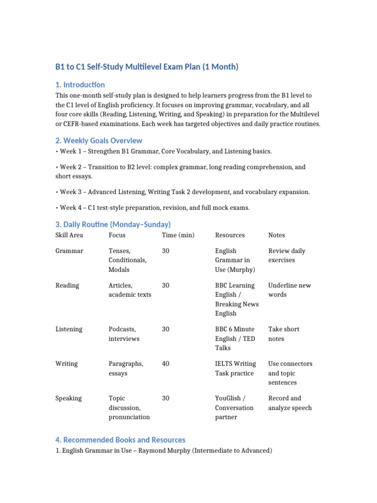 B1 to C1 English Exam Study Plan | PDF | English Language | Human ...