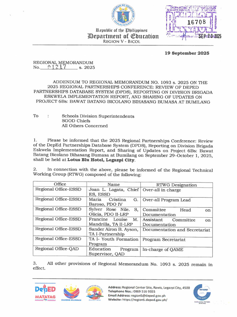 RM 1217 s 2025 Addendum to Regional Memorandum No. 1093 s. 2025 on the ...