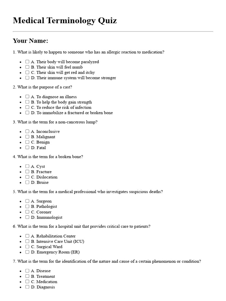 Medical Terminology Quiz Questions | PDF | Medical Diagnosis | Infection