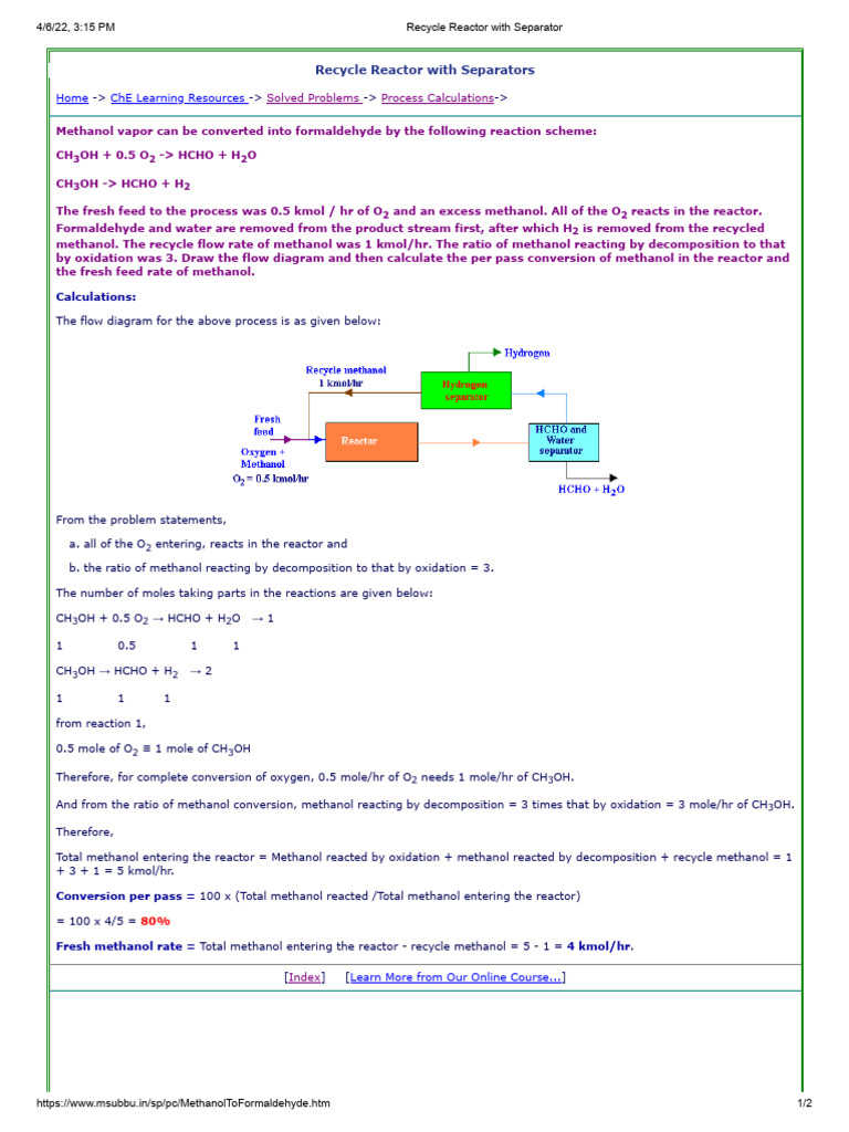 Methanol Conversion in Recycle Reactor | PDF | Methanol | Formaldehyde