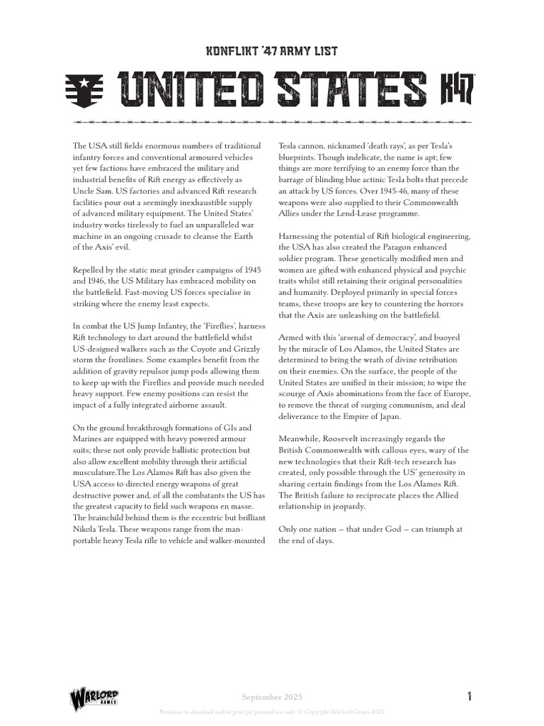 US Army List for Konflikt '47 Game | PDF | Infantry | Anti Tank Warfare