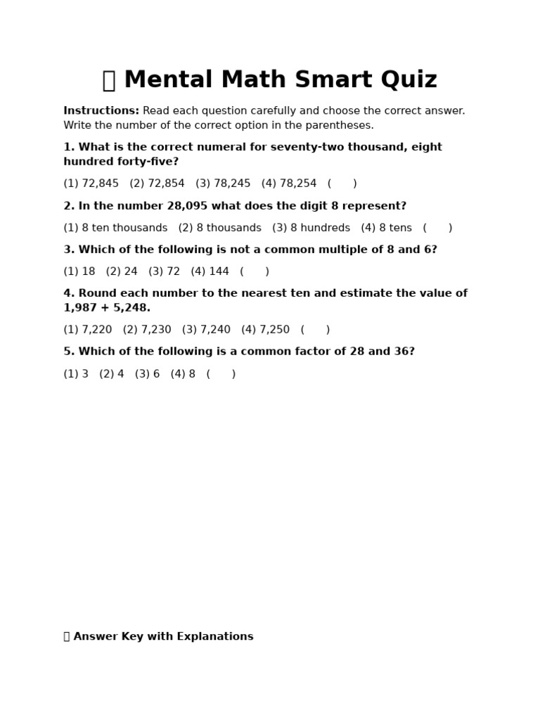 Mental Math Quiz with Answers | PDF