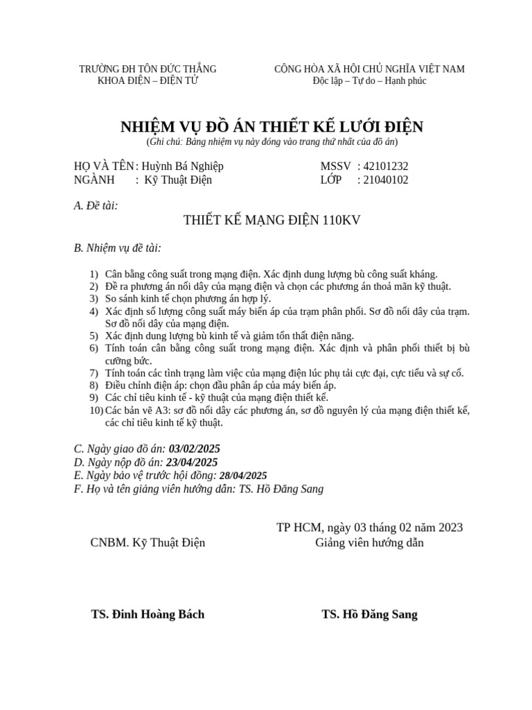 Nhiem Vu Do An - THIET KE LUOI DIEN | PDF