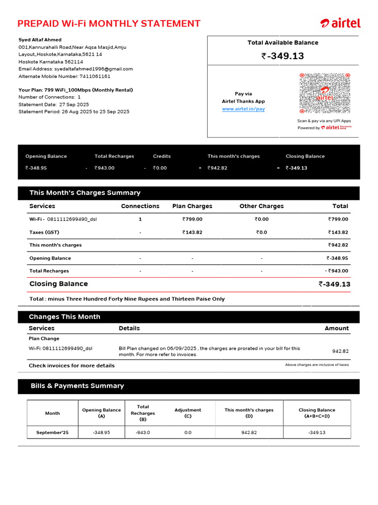 Prepaid Wi-Fi Monthly Statement: Total Available Balance | PDF | Credit ...