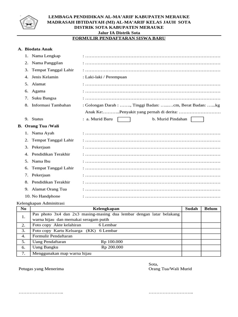 Formulir Pendaftaran Mi | PDF