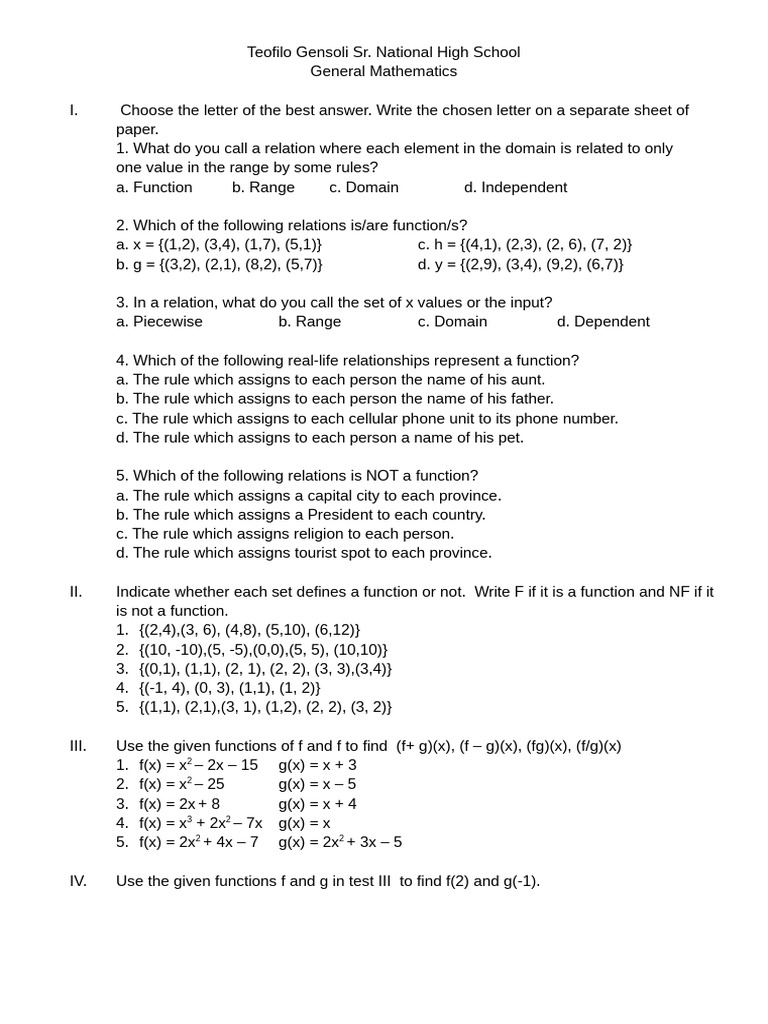 General Mathematics Function Exercises | PDF