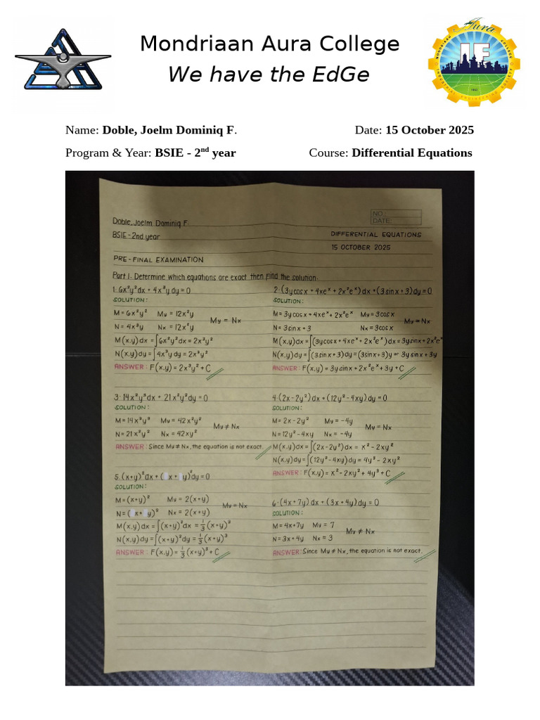 DOBLE, JOELM DOMINIQ F. - Differential Equations Pre-Final Examination ...