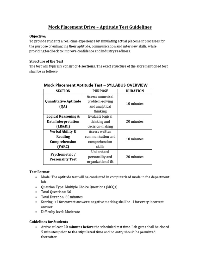 Mock Placement Aptitude Guidelines | PDF | Multiple Choice | Tests