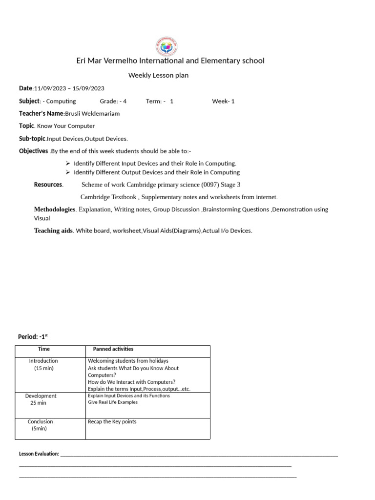 Weekly Computing Lesson Plan for Grade 4 | PDF | Computing | Learning
