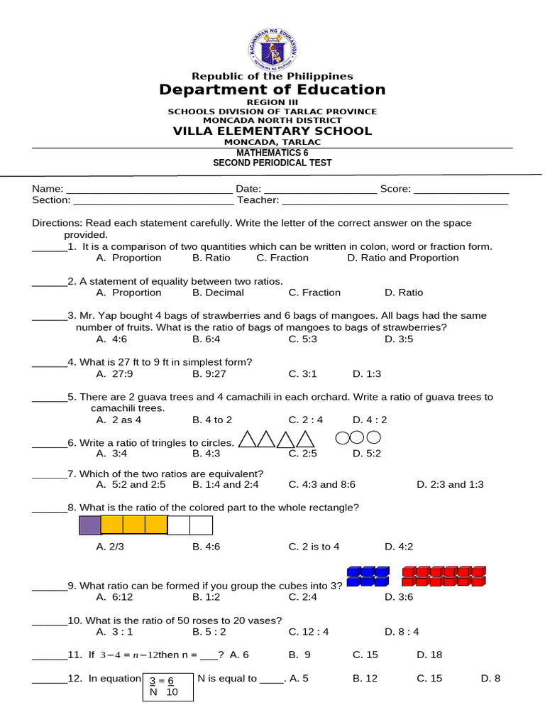 Mathematics 6 Second Periodical Test | PDF | Ratio | Multiplication