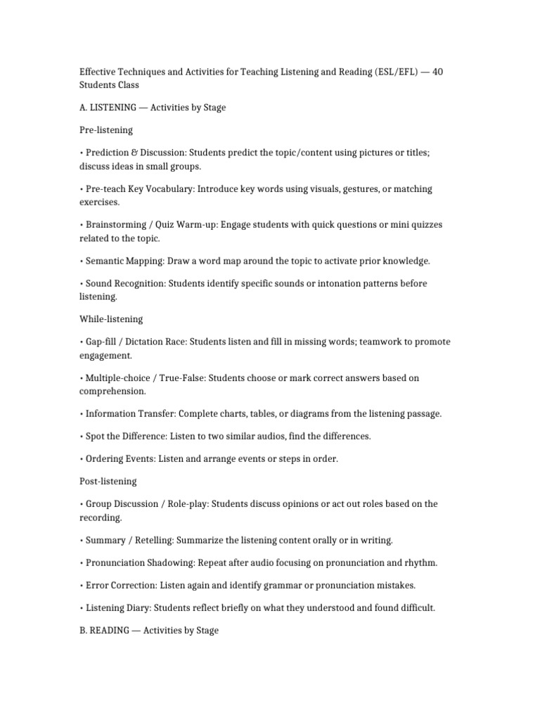 ESL/EFL Listening and Reading Activities | PDF | Reading Comprehension ...