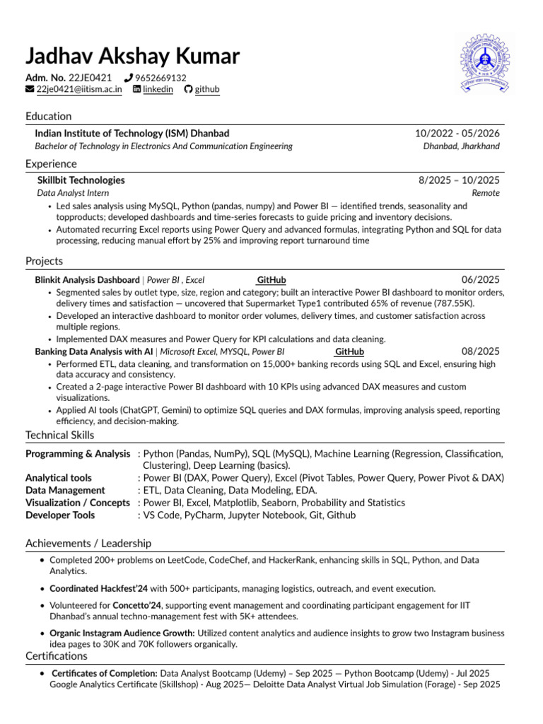 DS IIT Dhanbad Resume OnCampus | PDF | Microsoft Excel | Data Analysis