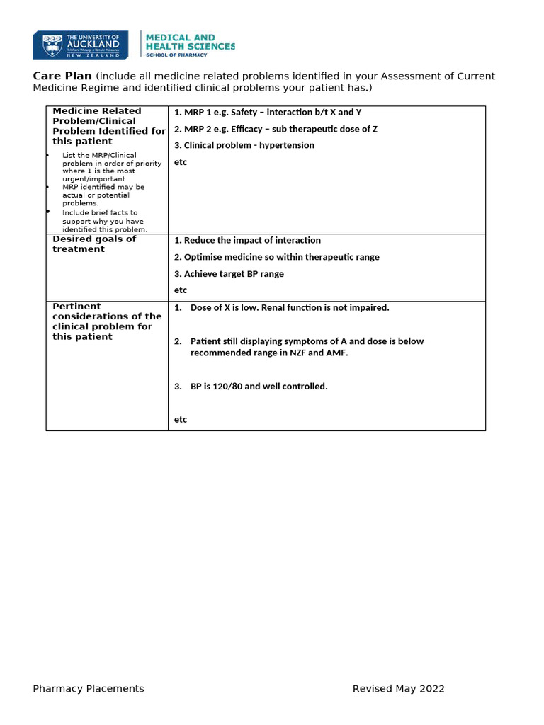 Care Plan Template With Examples | PDF | Dose (Biochemistry) | Chemistry
