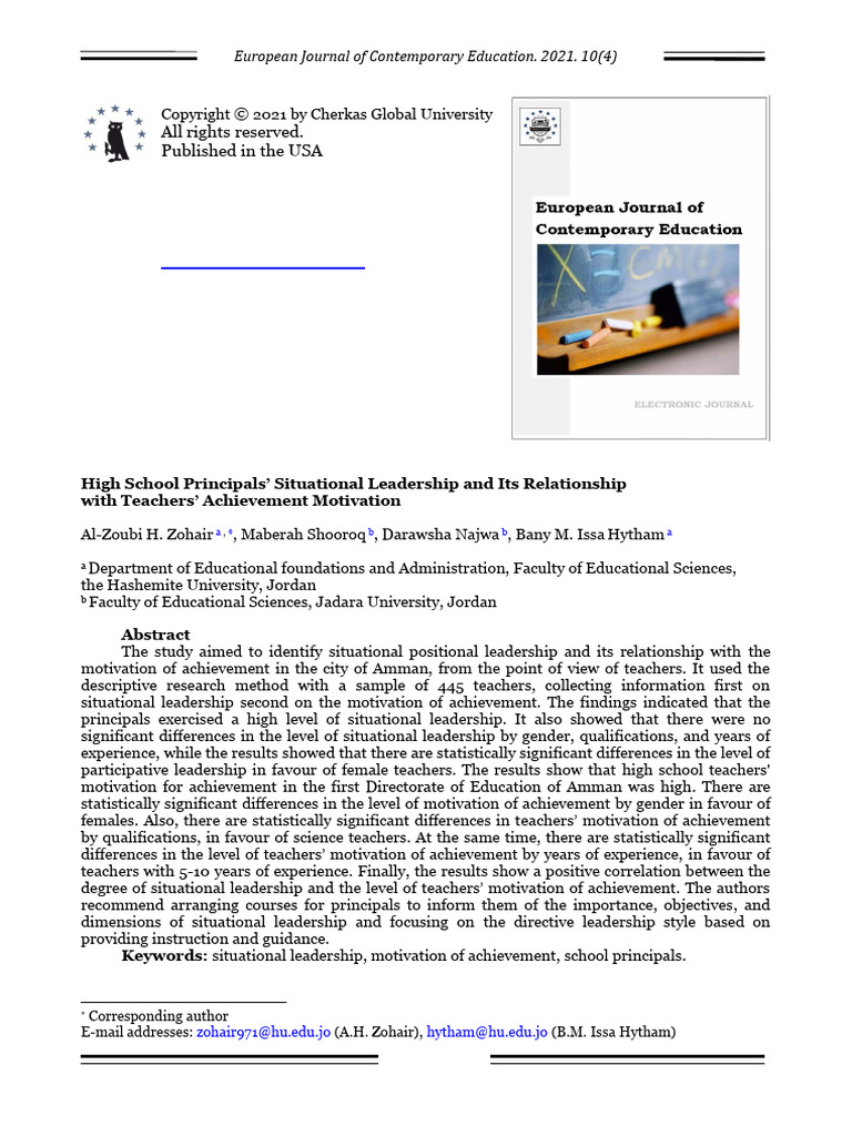 Situational Leadership in High Schools | PDF | Mean | Leadership