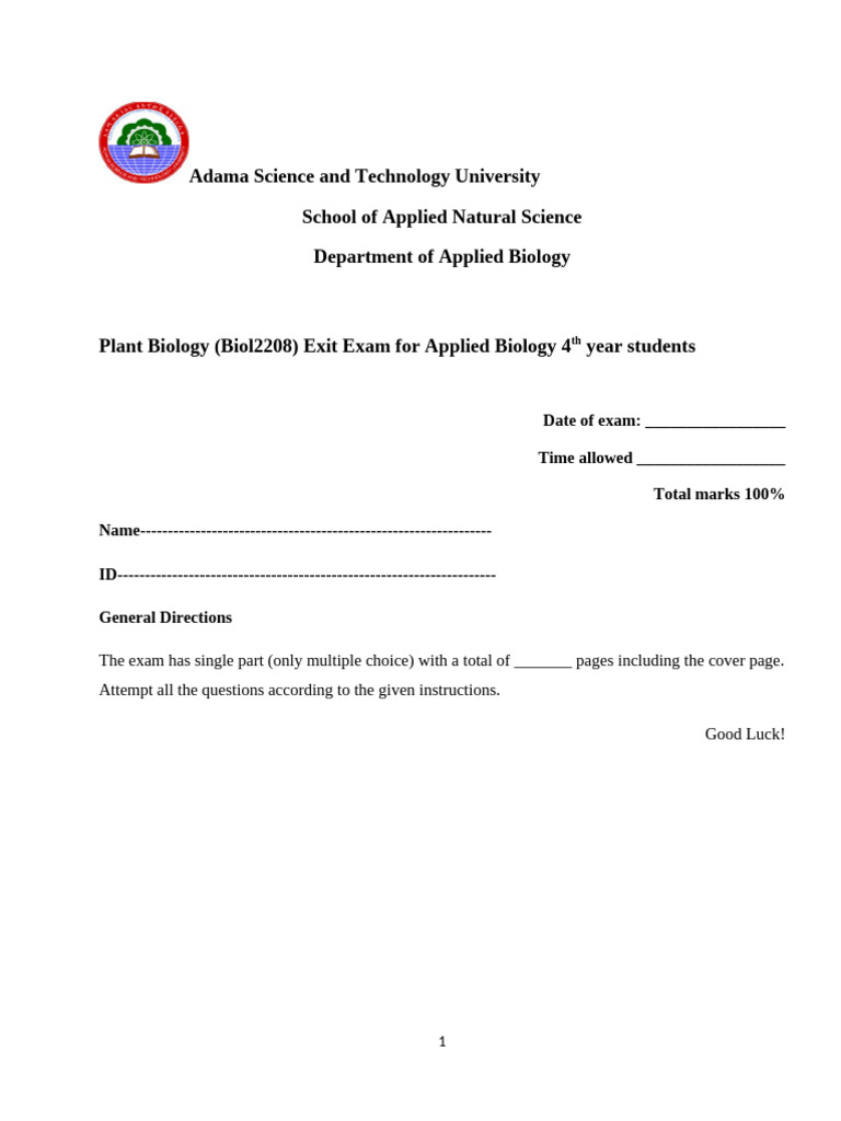 Plant Biology Exit Exam for Students | PDF | Flowers | Petal