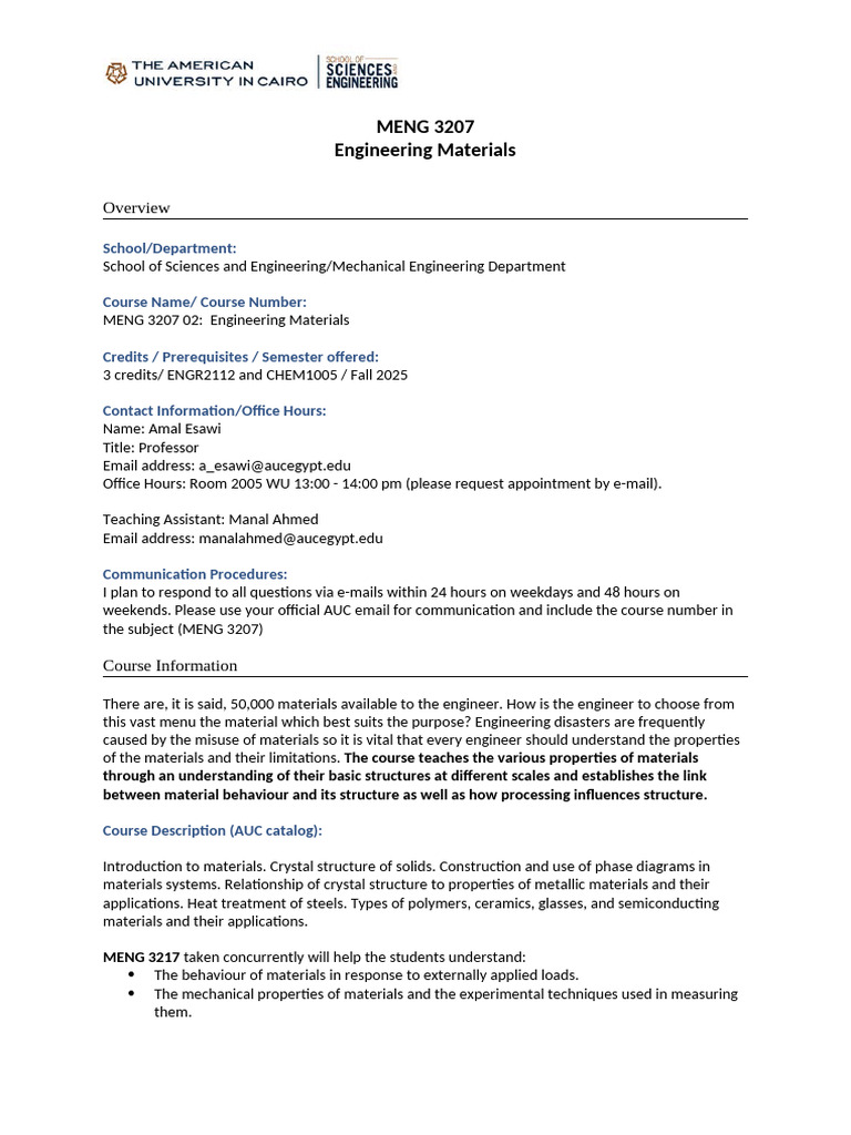 Syllabus MENG 3207 Fall 2025 | PDF | Crystal | Metals