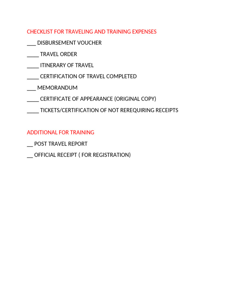 Travel and Training Expense Checklist | PDF