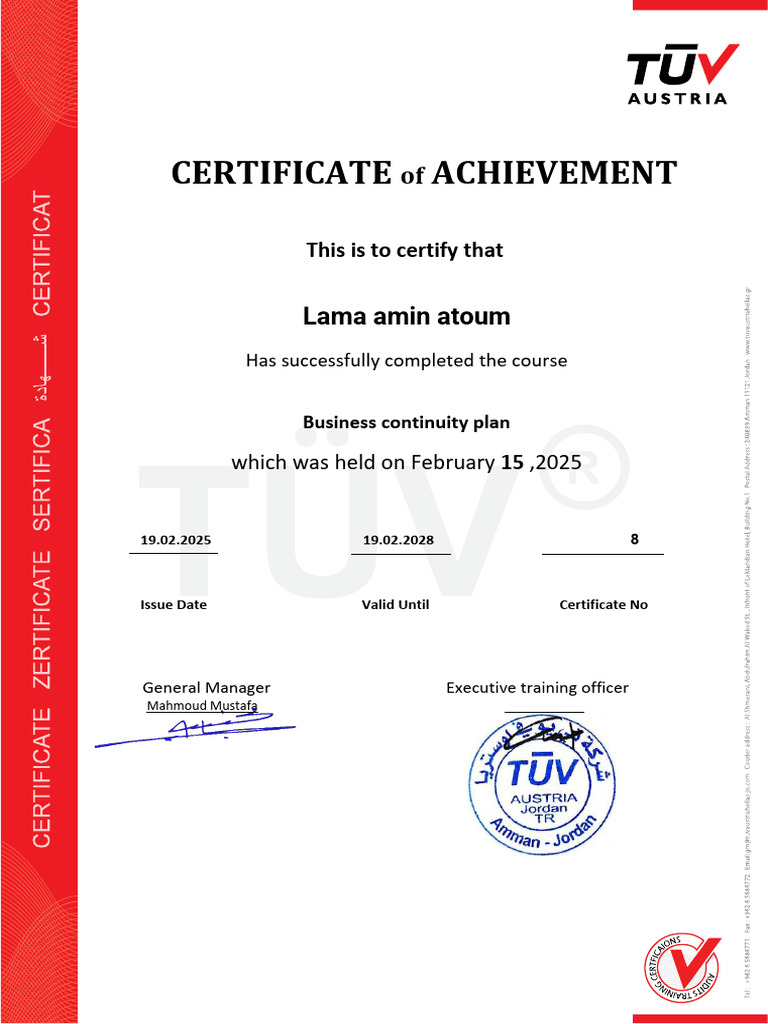 Business Continuity Plan Certificate | PDF