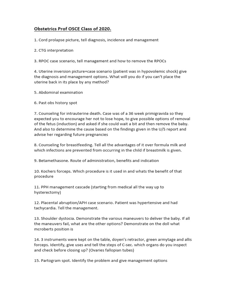 Obstetrics OSCE Class of 2020 Prof | PDF | Medical Specialties ...