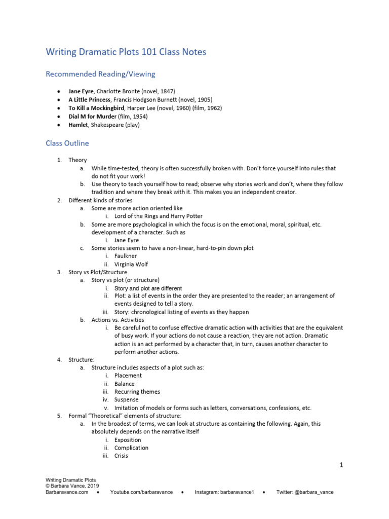 Writing Dramatic Plots 101 Class Notes | PDF | Plot (Narrative) | Narrative