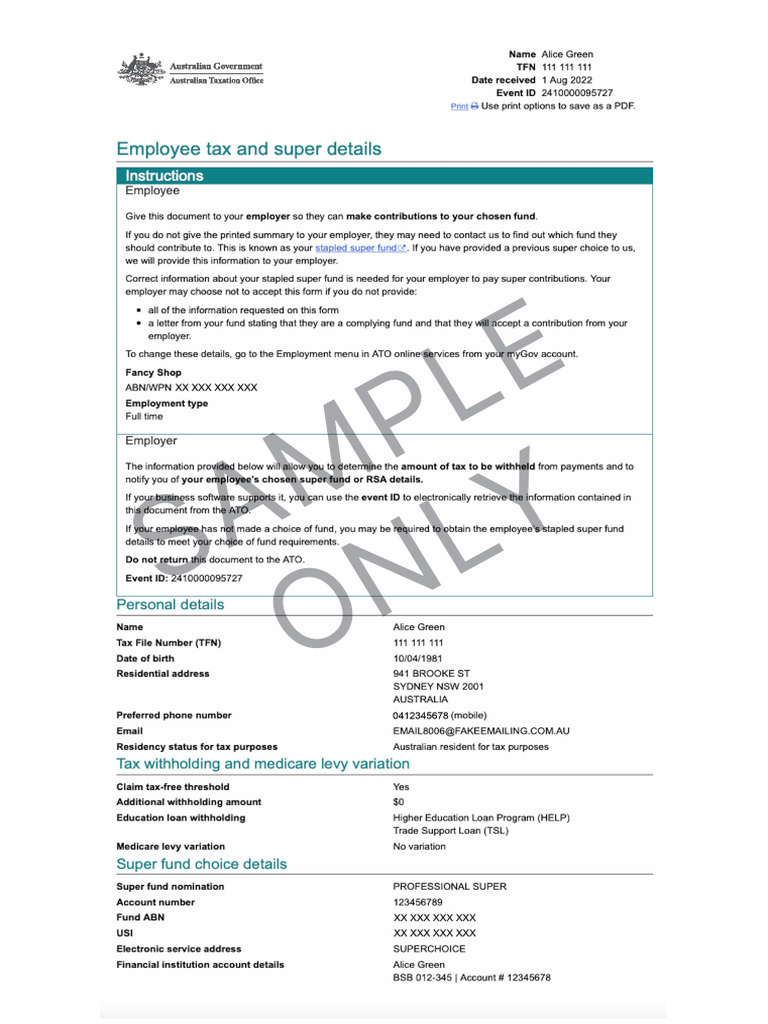 Employee Tax and Super Details Employee Commencement Sample Form | PDF