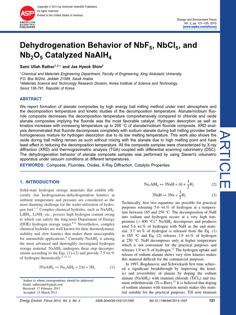 Dehydrogenation Behavior of NbF5, NbCl5, and Nb2O5 Catalyzed NaAlH4 ...